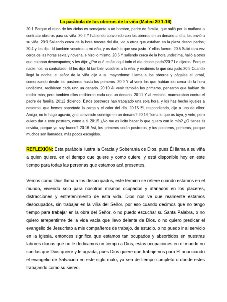 La Parábola de Los Obreros de La Viña | PDF