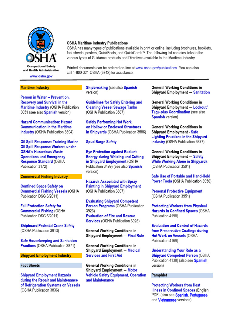 OSHA Maritime Publications List | PDF | Occupational Safety And Health ...