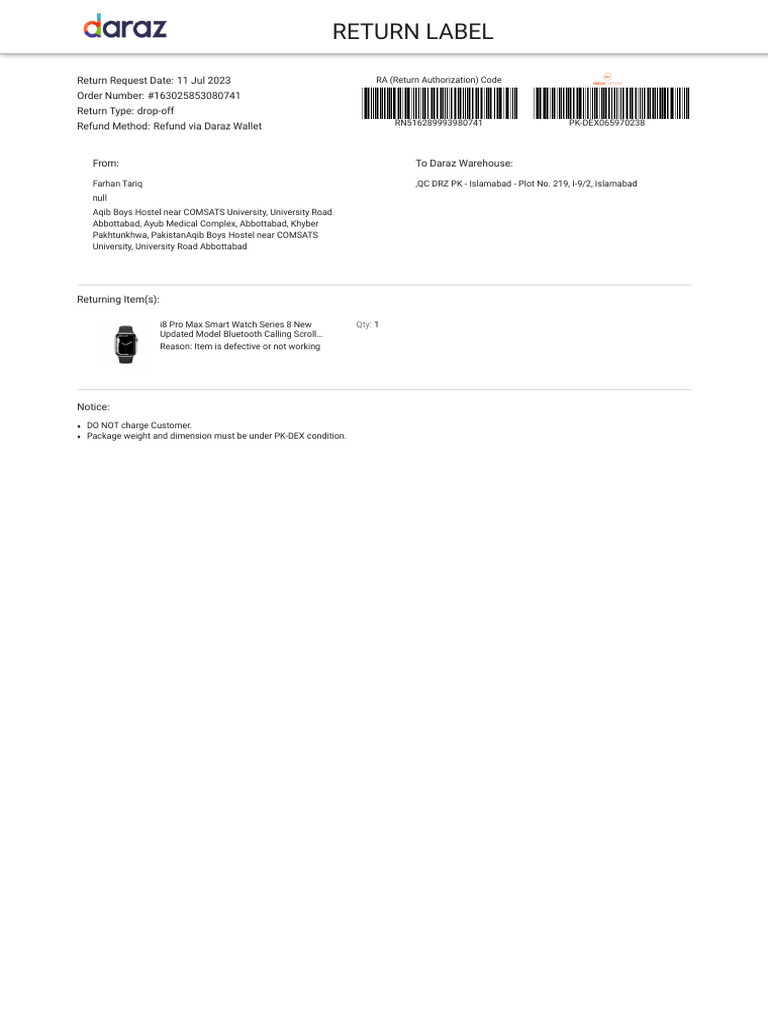Daraz Return Label | PDF