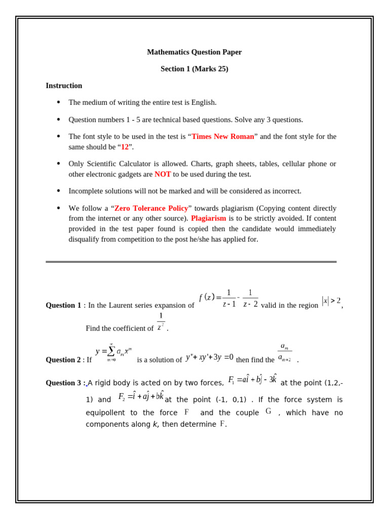 Mathematics Question Paper - 1 | PDF