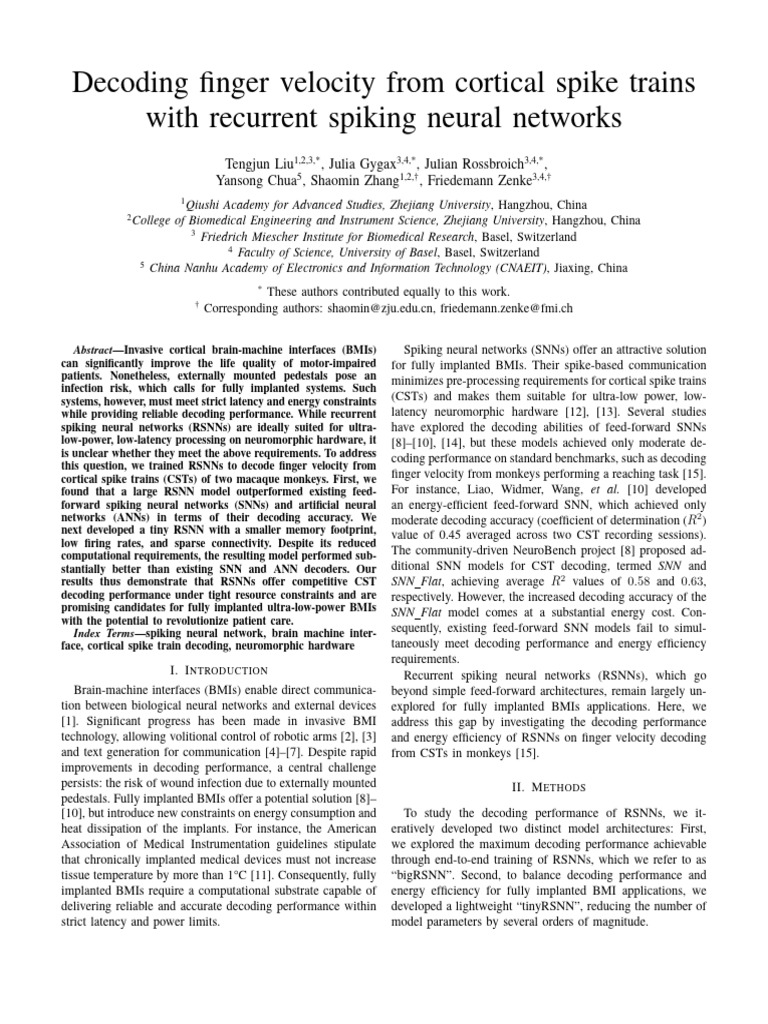 Decoding Finger Velocity From Cortical Spike Trains With Recurrent Spiking Neural Networks | PDF