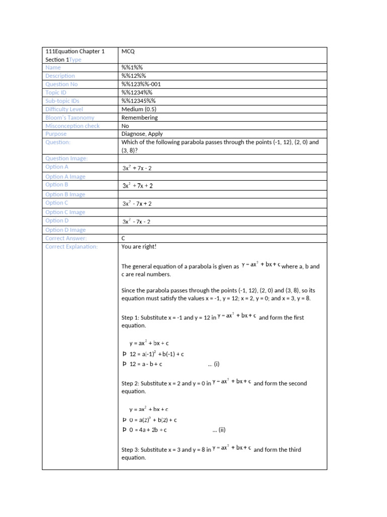 Write A Quadratic Function Using Given Information About The Function | PDF