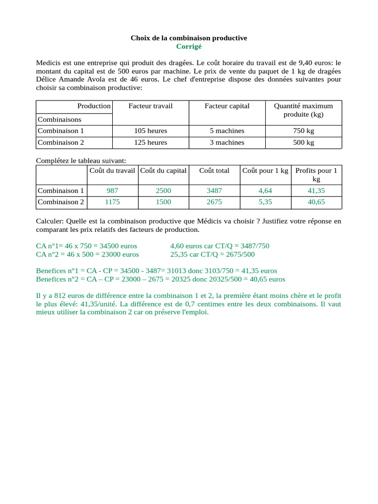 exercice combinaison produc corrigé | PDF