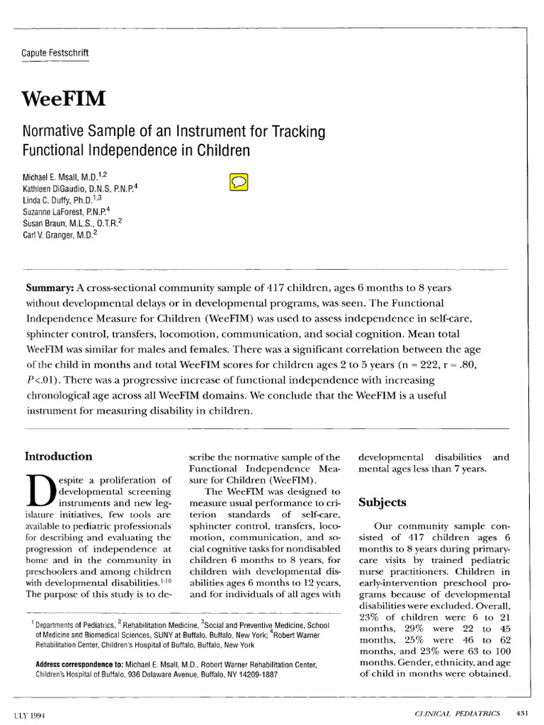 WeeFIM Normative Sample of An Instrument For Tracking Functional | PDF