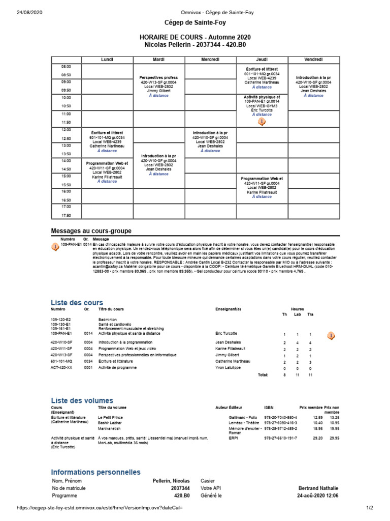 Omnivox - Cégep de Sainte-Foy Horaire | PDF