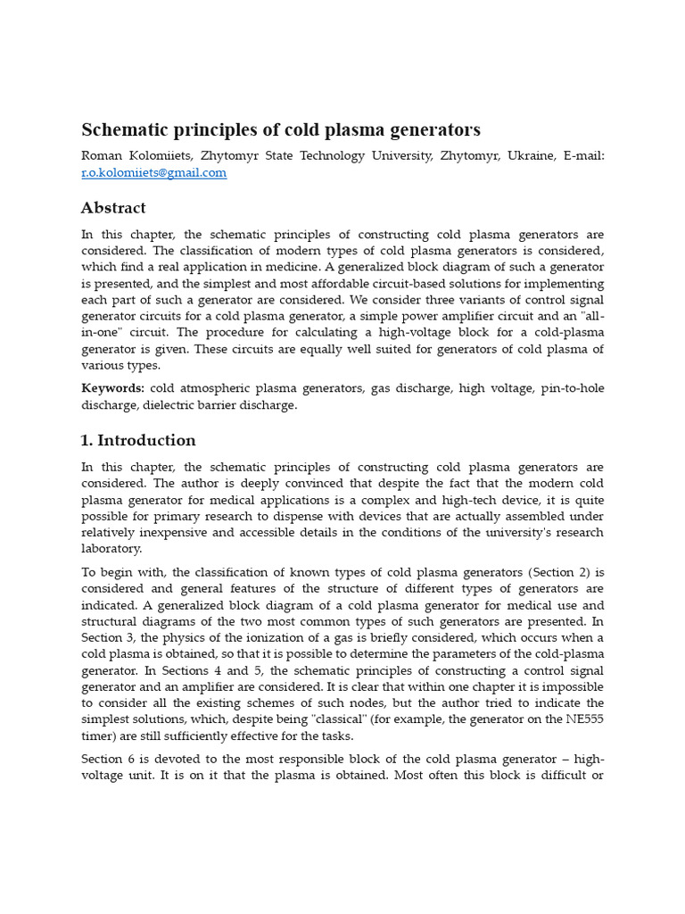 Schematic Principles of Cold Plasma Generators | PDF