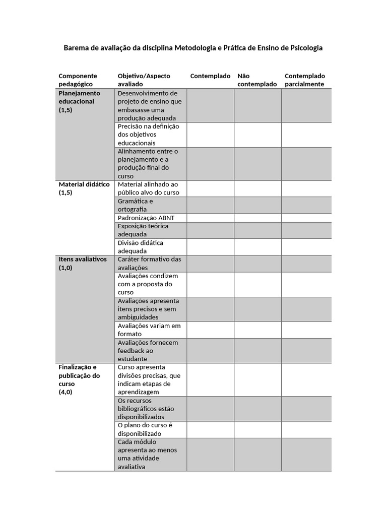 Barema de Avaliação Da Disciplina Metodologia e Prática de Ensino de ...