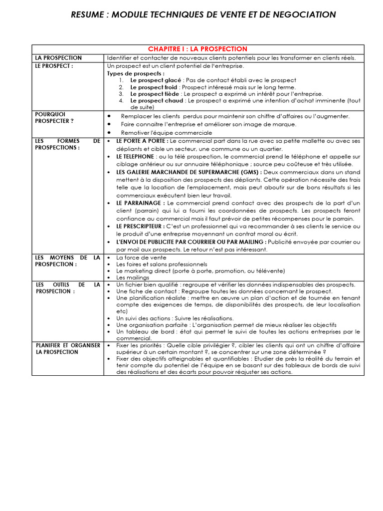 Resume Module Techniques de Vente Def | PDF