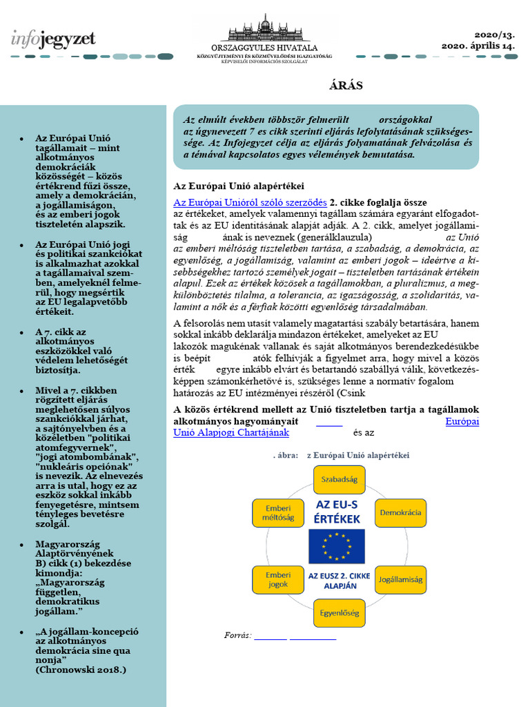 A 7-Es Cikk Szerinti Eljárás: Az Európai Unió Alapértékei 2. Cikke Foglalja Össze | PDF