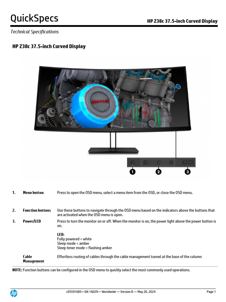Quickspecs: HP Z38C 37.5-Inch Curved Display | PDF