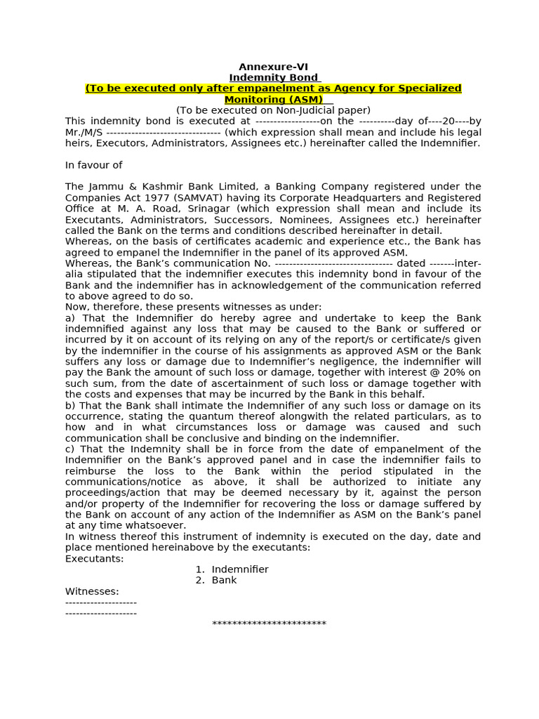Annexure-VI (Indemnity Bond) | PDF