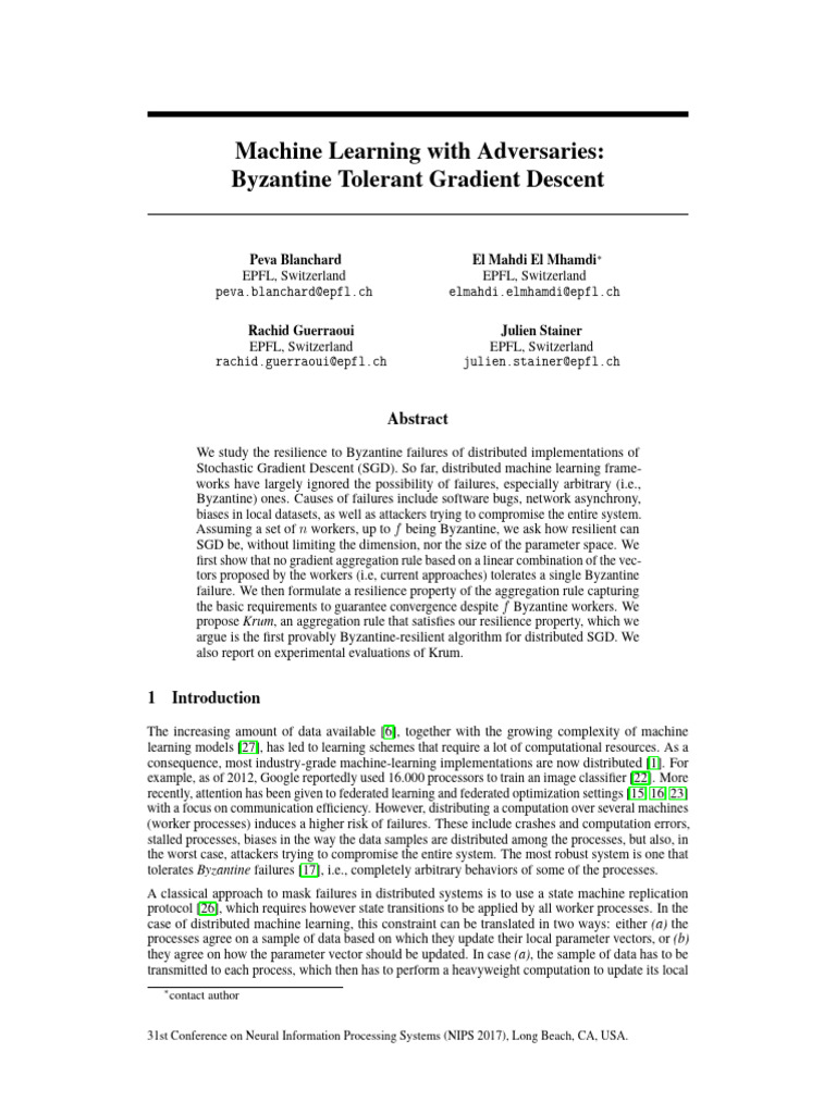 NIPS 2017 Machine Learning With Adversaries Byzantine Tolerant Gradient Descent Paper | PDF