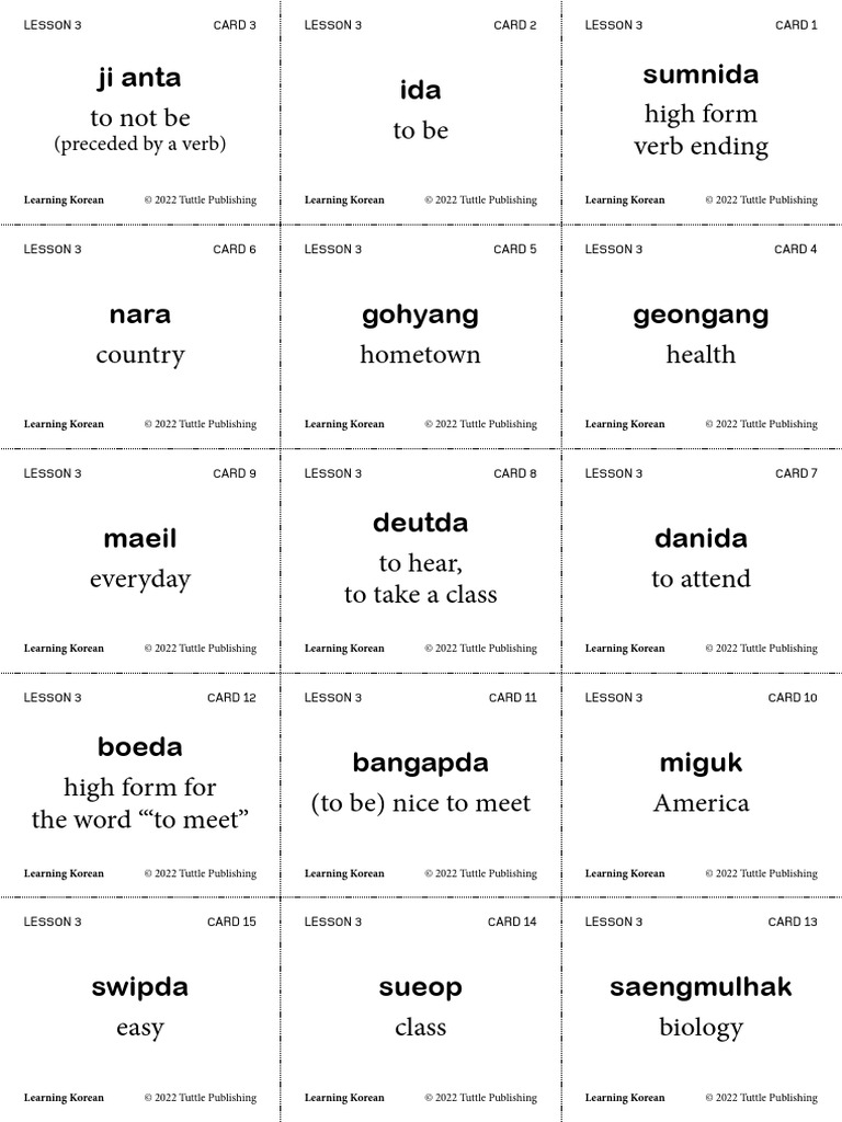 Learning Korean Cards - Back | PDF