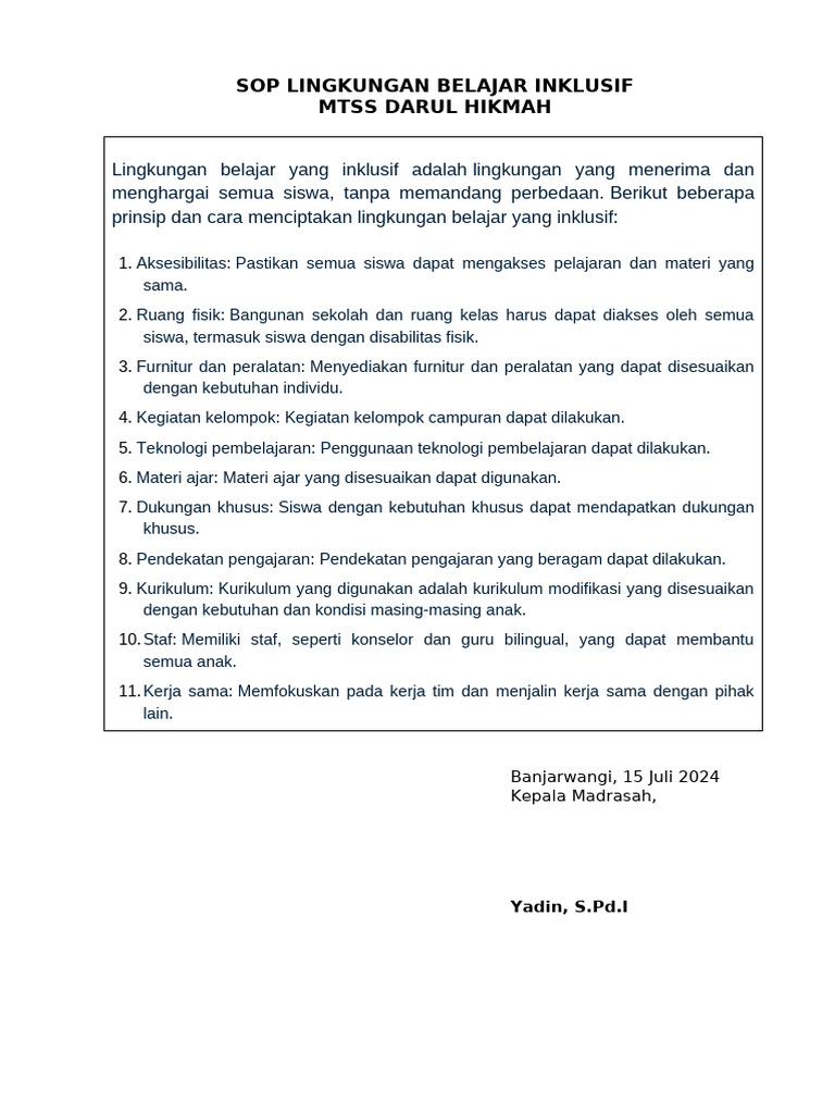 11.1 Sop Lingkungan Belajar Inklusif | PDF