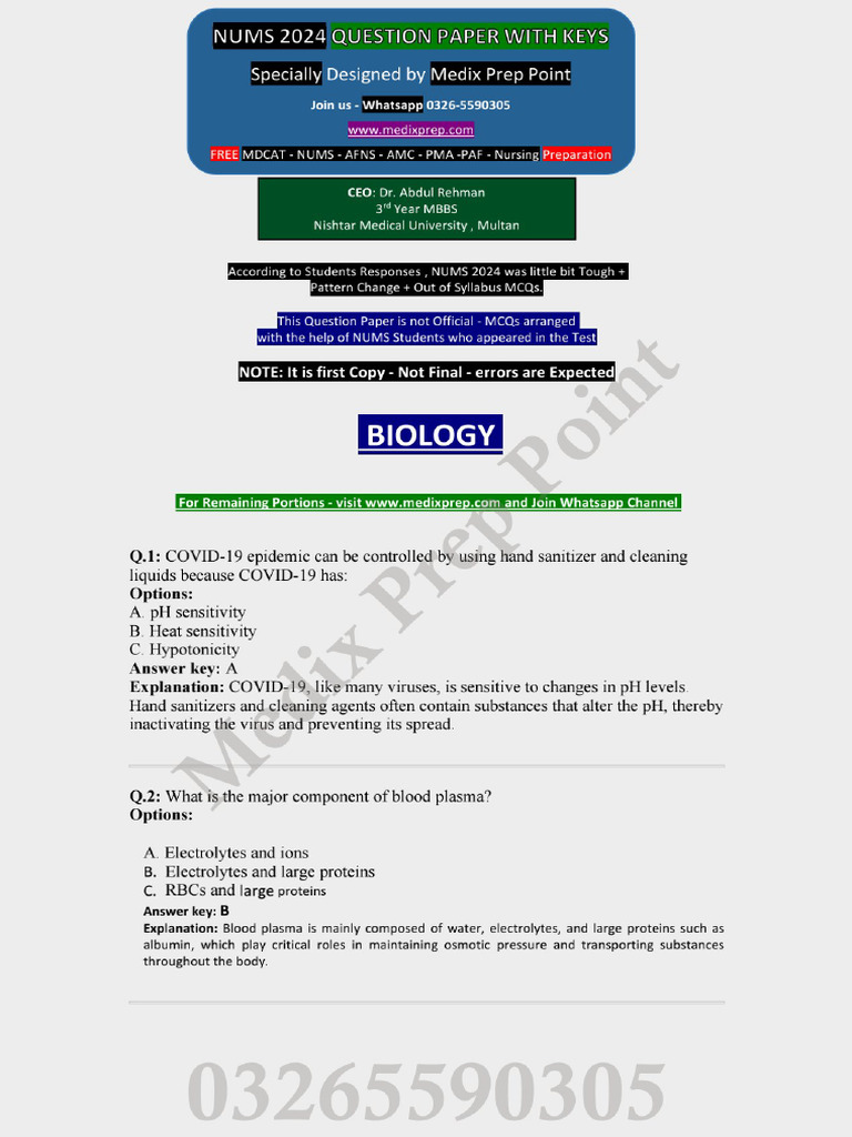 NUMS-2024 Biology | PDF