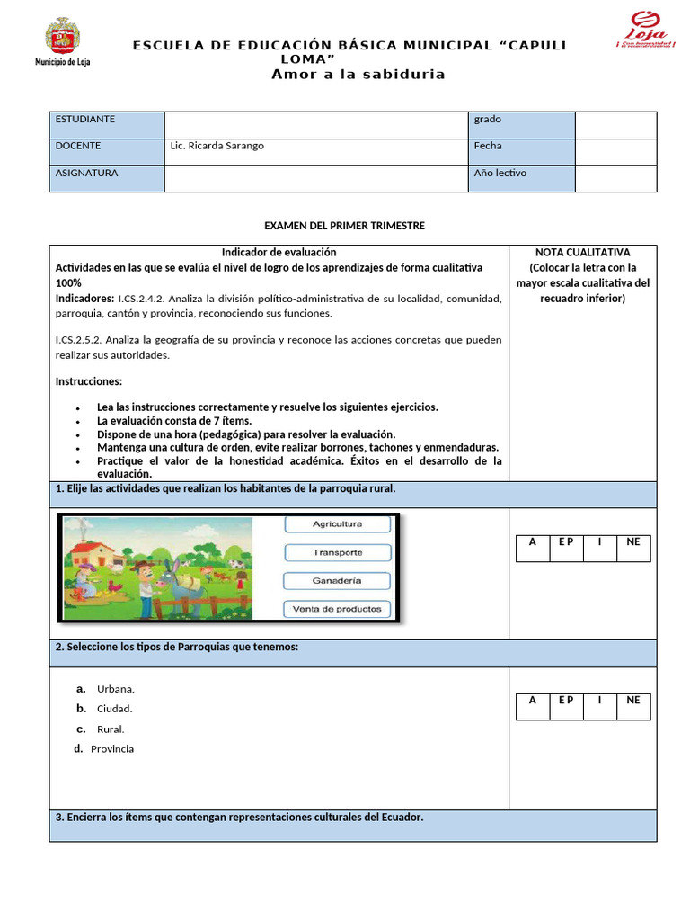 Evaluación Primer Trimestre EE - SS 4° | PDF
