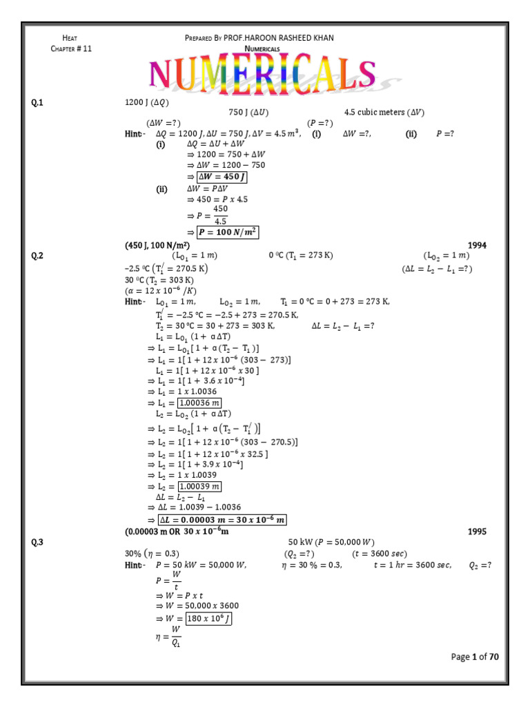 Class Xii Physics Numericals All Solved | PDF | Gases | Applied And Interdisciplinary Physics