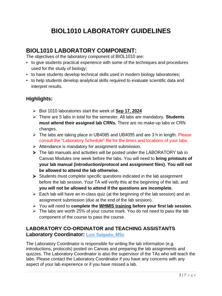 BIOL1010 LABORATORY GUIDELINES - Fall 2024 | PDF