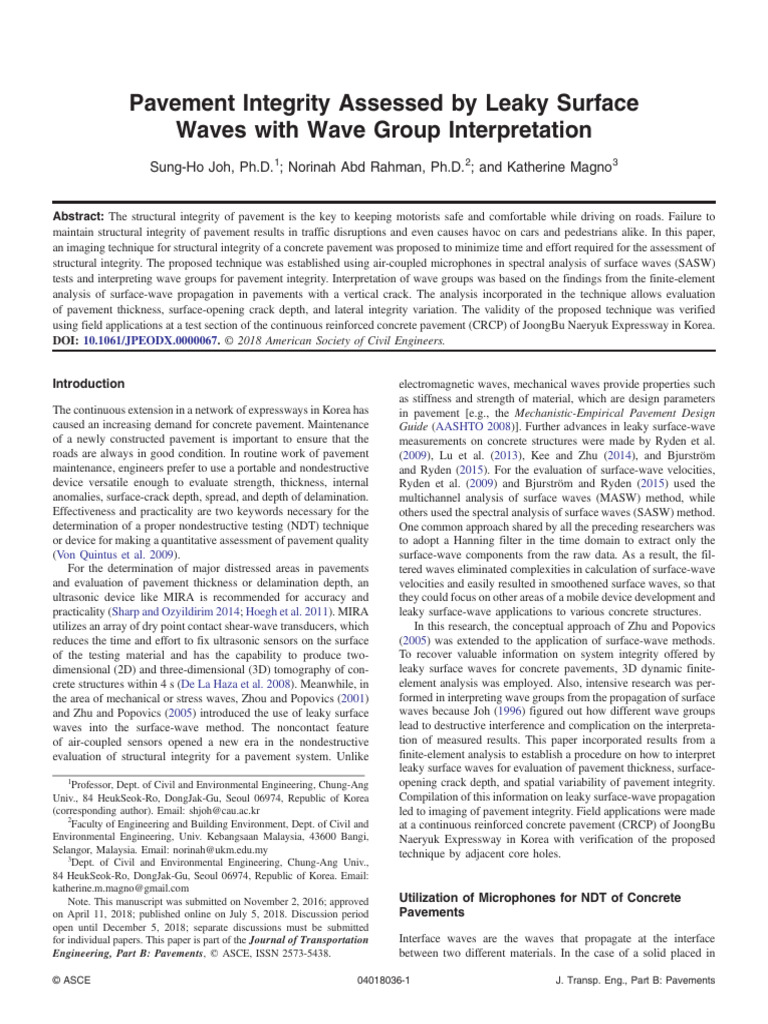 Pavement Integrity Assessed by Leaky Surface Waves With Wave Group ...