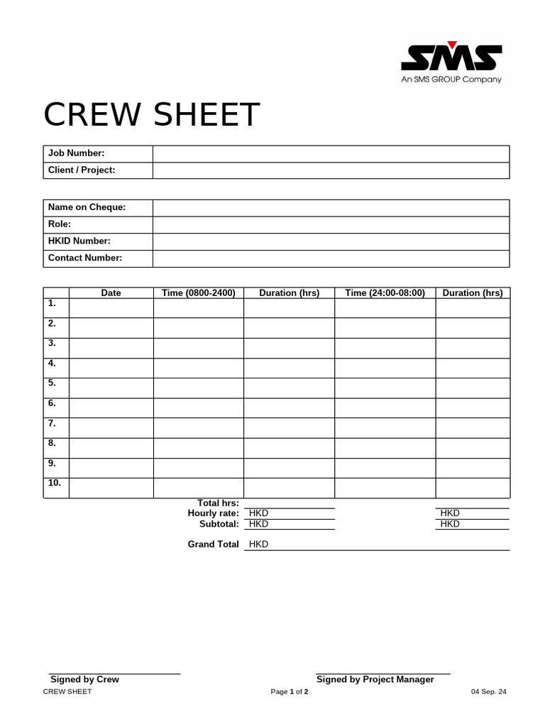 Crew Sheet | PDF