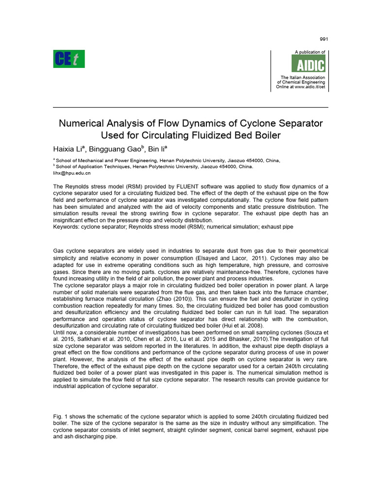 Numerical Analysis of Flow Dynamics of Cyclone Separator Used For Circulating Fluidized Bed ...