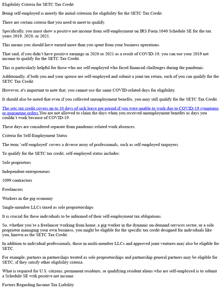SETC Tax Credit Eligibility 194616 | PDF | Self Employment | Small Business & Entrepreneurs