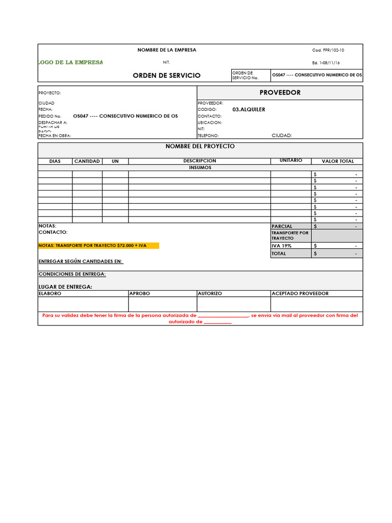 Formato Orden de Servicio | PDF