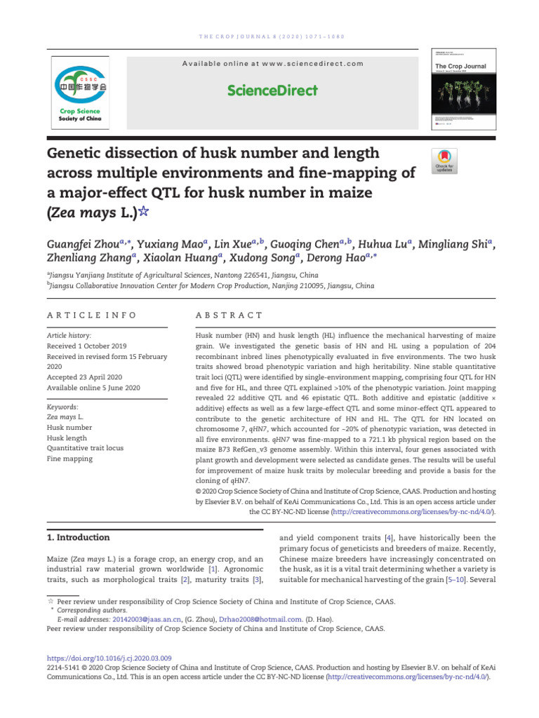 Genetic Dissection of Husk Number and Length Across Multiple Env - 2020 ...
