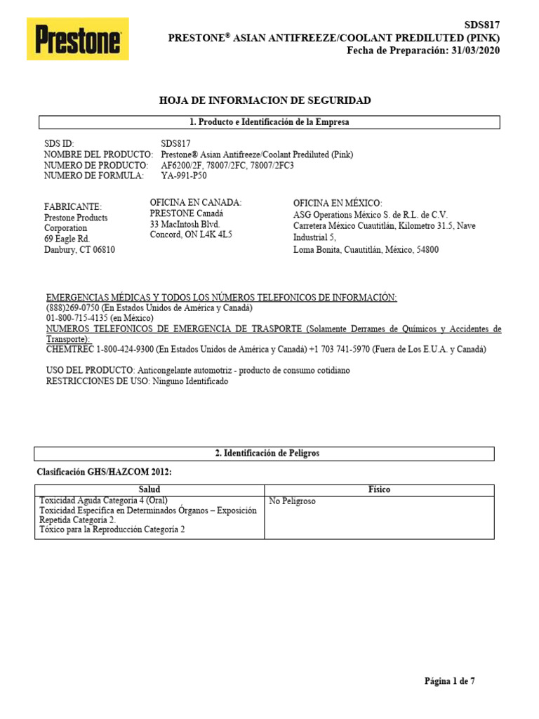 SDS817 Prestone Asian Antifreeze Prediluted 5050 Red | PDF