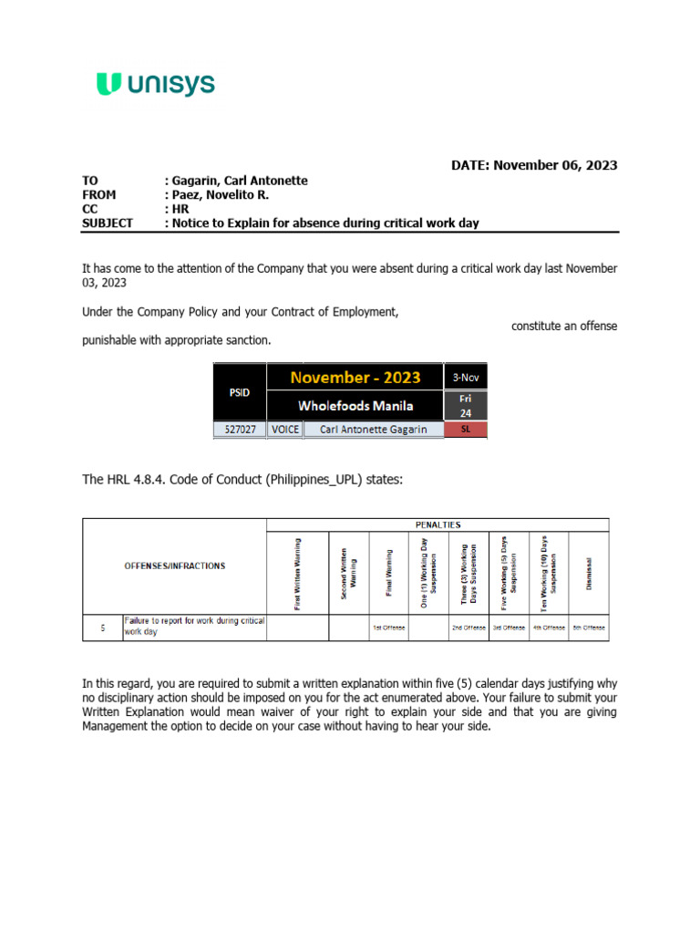 Notice To Explain For Absence During Critical Work Day - Gagarin Carl ...