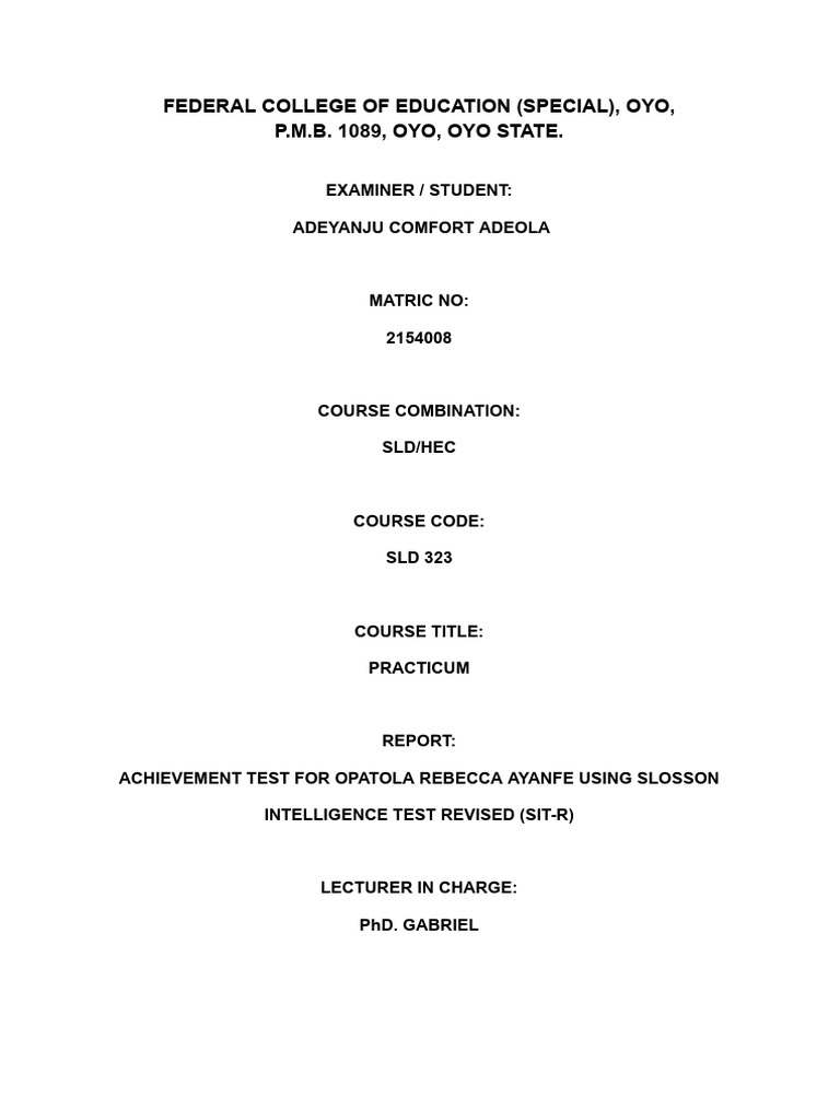 Slosson Intelligence Test Report | PDF | Communication | Career & Growth