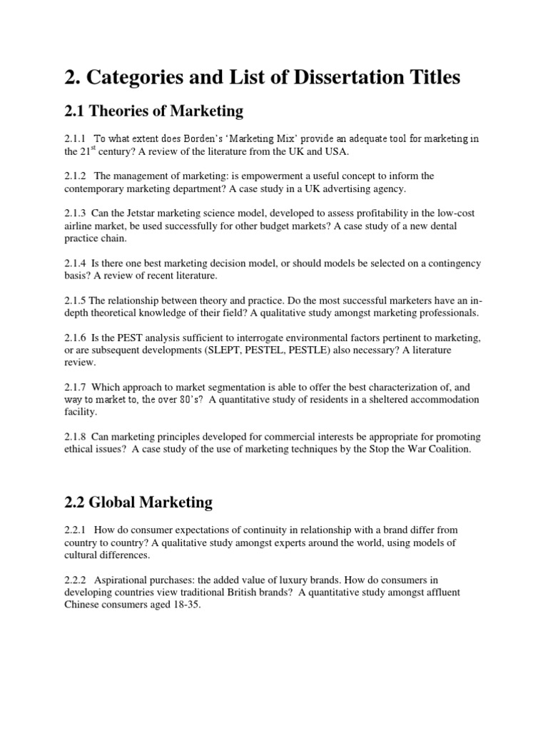 Categories and List of Dissertation Titles | PDF | Brand | Qualitative ...