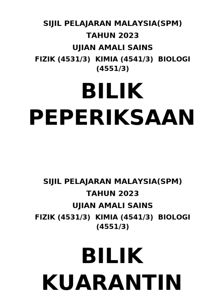 Label Bilik Ujian Amali Sains SPM 2023 | PDF
