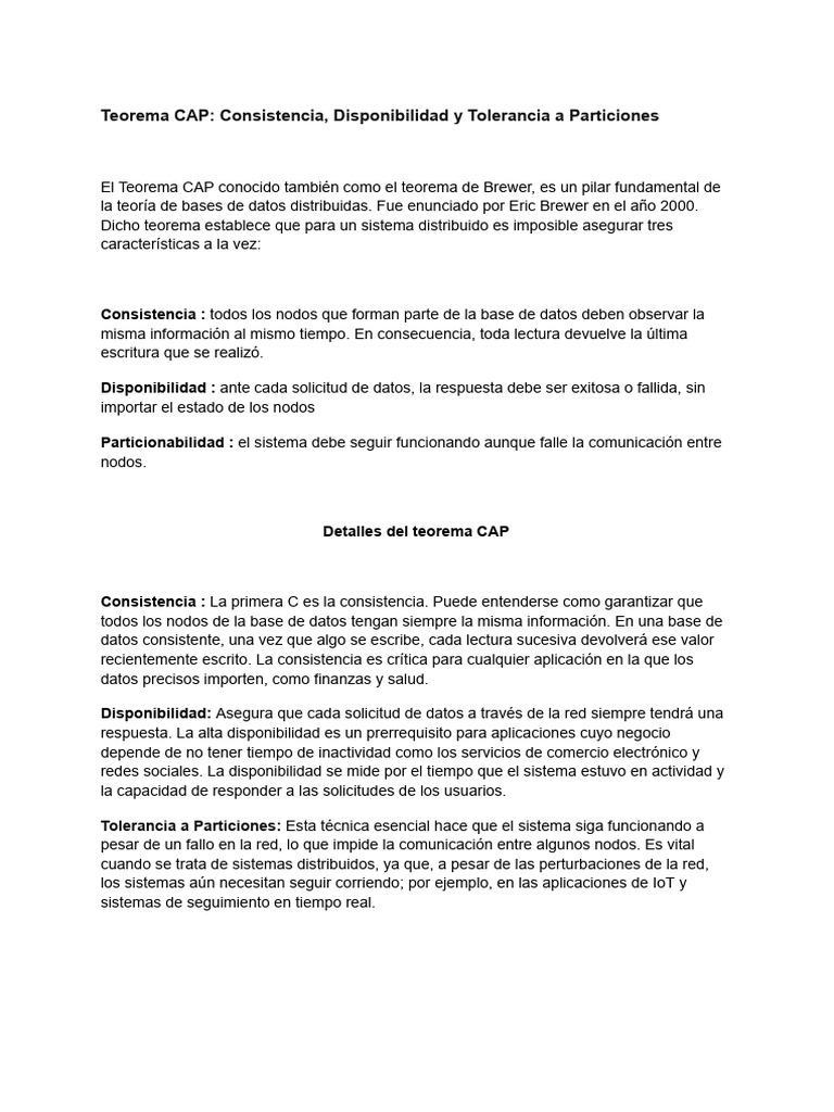 Teorema CAP - Consistencia, Disponibilidad y Tolerancia A Particiones | PDF
