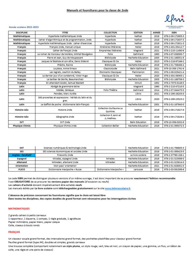 Manuels Et Fournitures Pour La Classe de 2nde | PDF