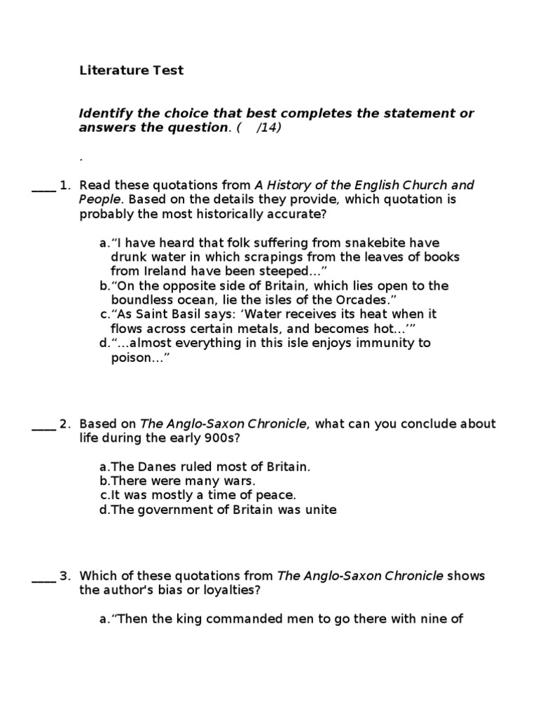 Literature Test on English Classics | PDF | Anglo Saxons | Bede