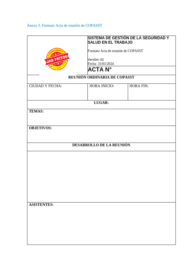 Anexo 3. Formato Acta de Reunión de COPASST | PDF