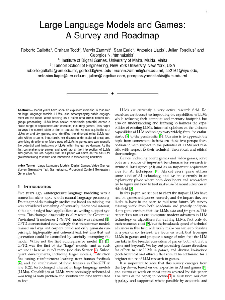 Large Language Models and Games A Survey and Roadmap 2024 | PDF
