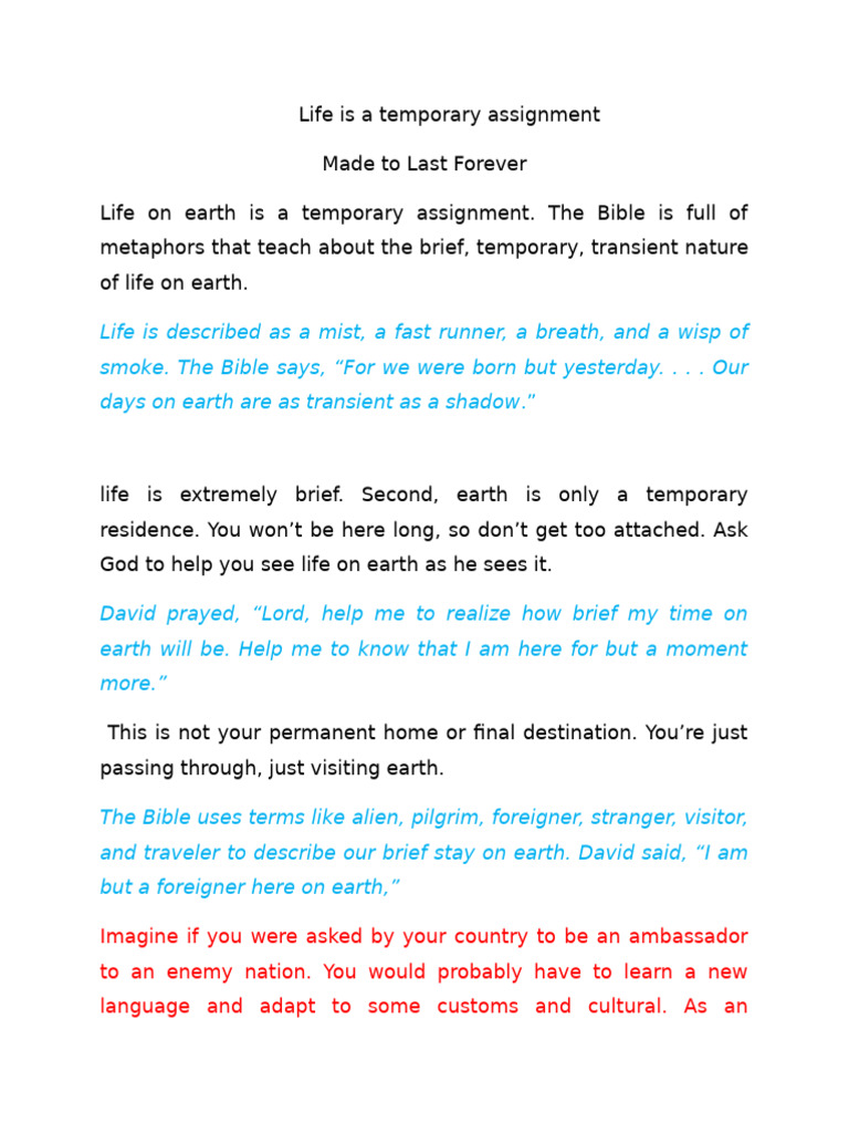 Life Is A Temporary Assignment | PDF