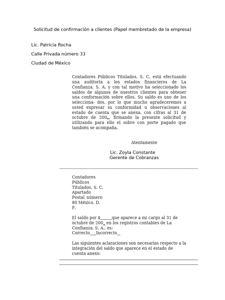 Solicitud de Confirmación a Clientes | PDF