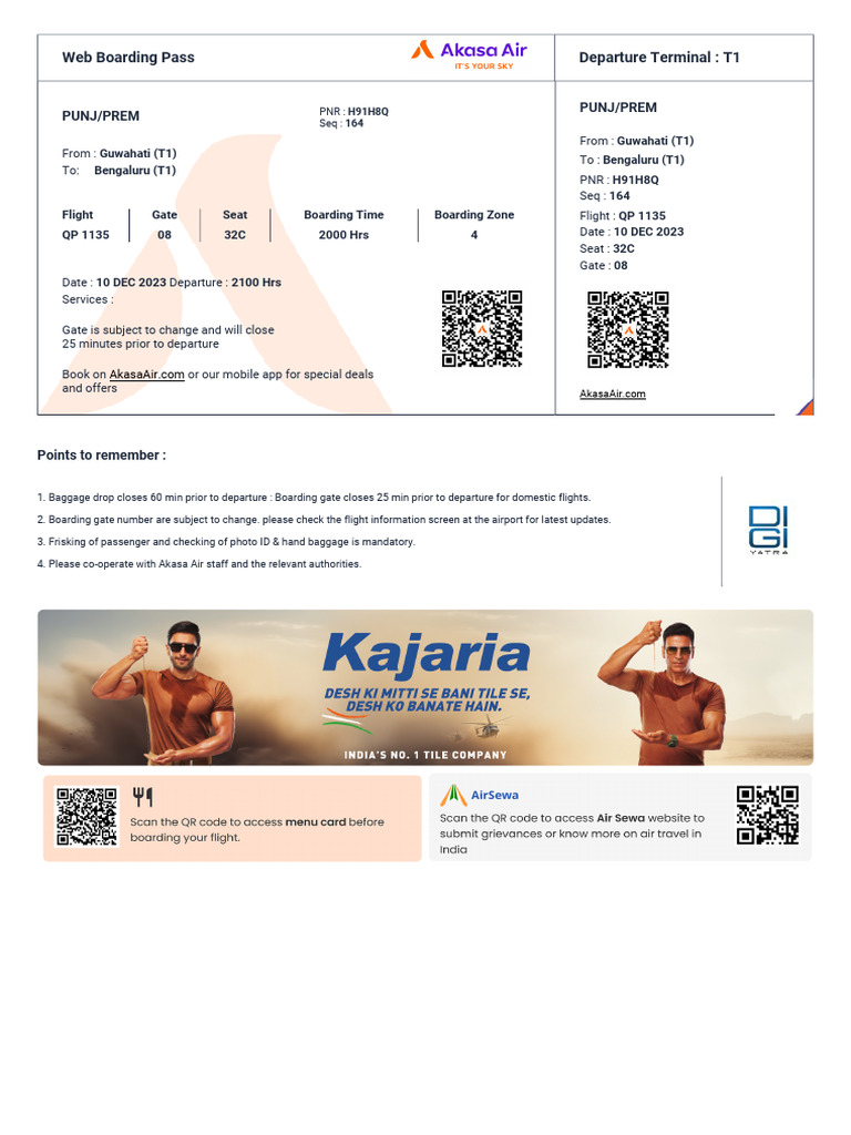 Akasa Air E-Boarding Pass - H91H8Q - Prem | PDF