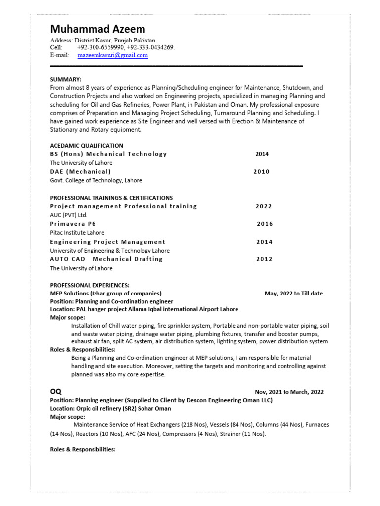 Muhammad Azeem-Planning Engineer - 8+ Years Experience | PDF