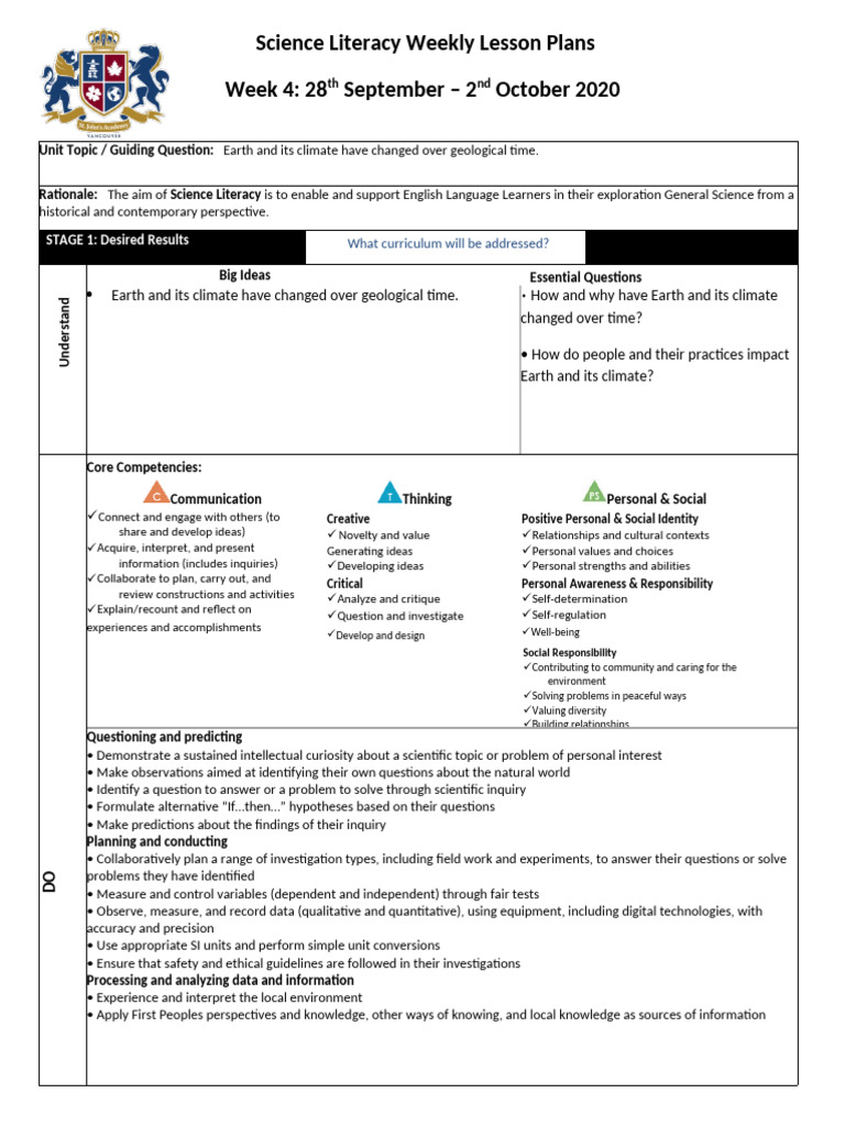 Science Literacy Lesson Plans Week 4 | PDF