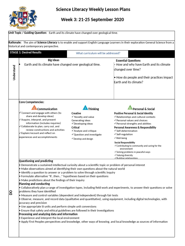 Science Literacy Lesson Plans Week 3 | PDF