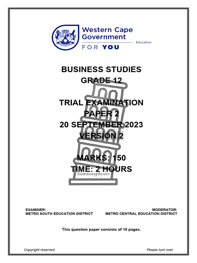 WC Business Studies Grade 12 September 2023 P2 and Memo | PDF ...