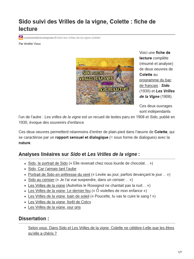 Sido Suivi Des Vrilles de La Vigne Colette Fiche de Lecture | PDF