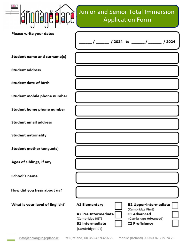 Ireland 2024 Application Form Junior and Senior Total Immersion TLP ...