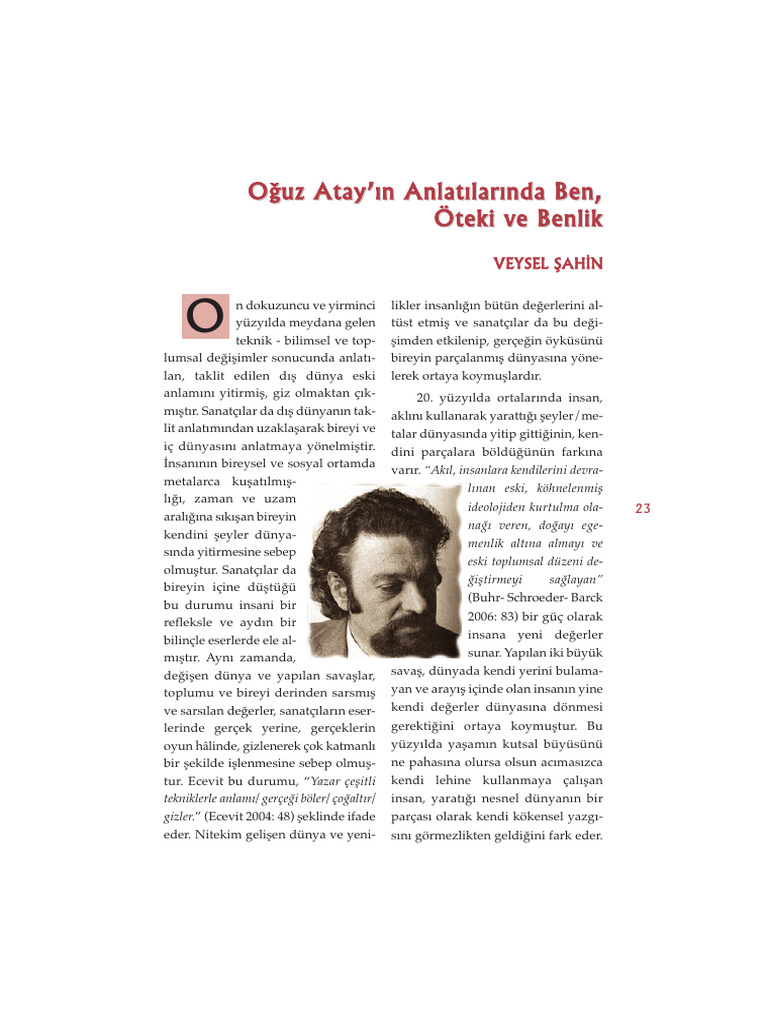 Veysel Sahin Oguz Atay Ben Benlik Anlati | PDF