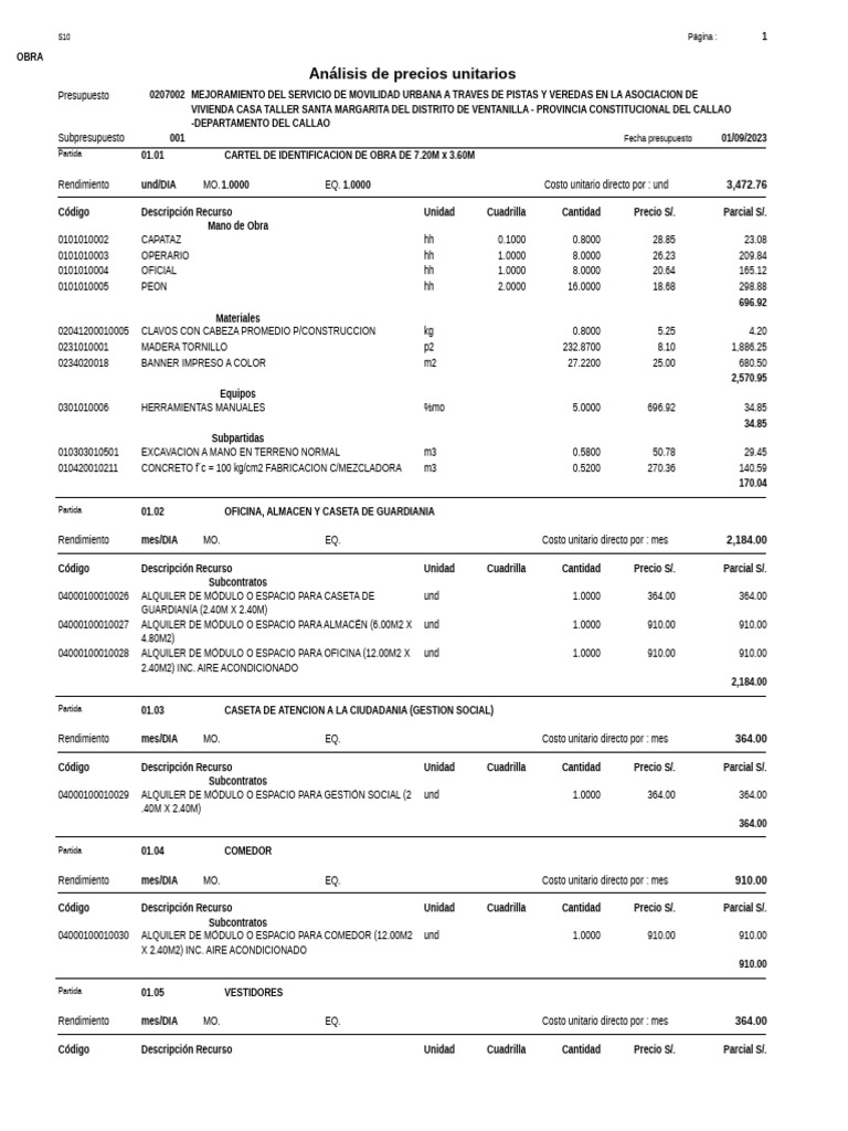 Análisis de Precios Unitarios: Página | PDF