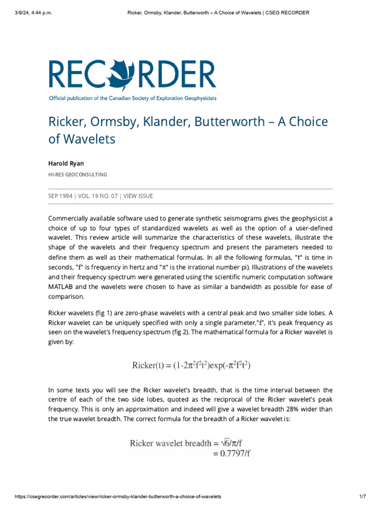 Ricker, Ormsby, Klander, Butterworth - A Choice of Wavelets - CSEG ...